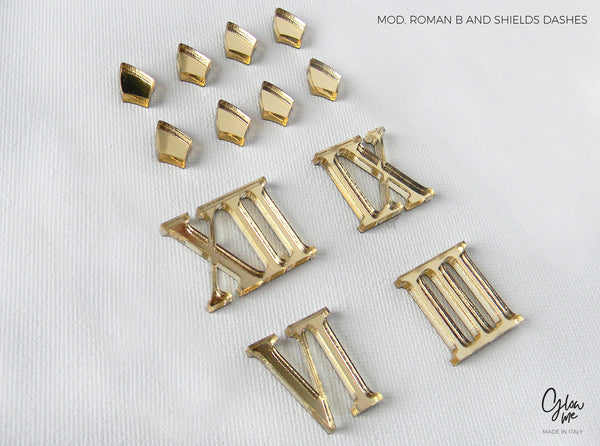 MOD 4BSHD- SET OF 4 ACRILIC ROMAN NUMBERS AND 8 SHIELD DASHES FOR CLOC ...