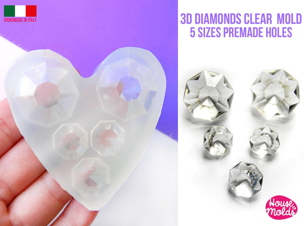 5 Diamonds Clear mold ,3D-resin Cystals Diamonds , premade holes, supe ...